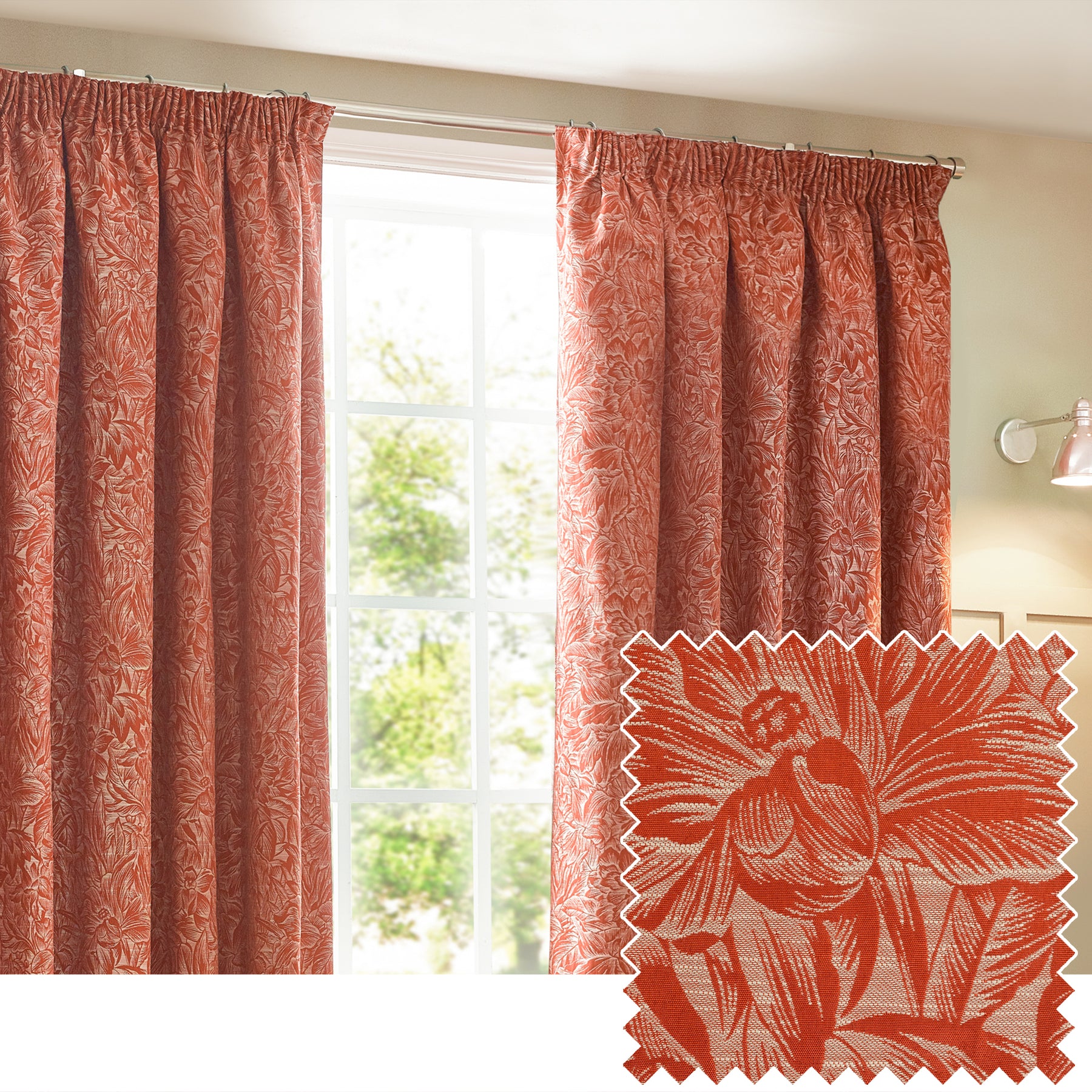 Brick Grantley Jacquard Ready Made Pencil Pleat Curtains | Terrys