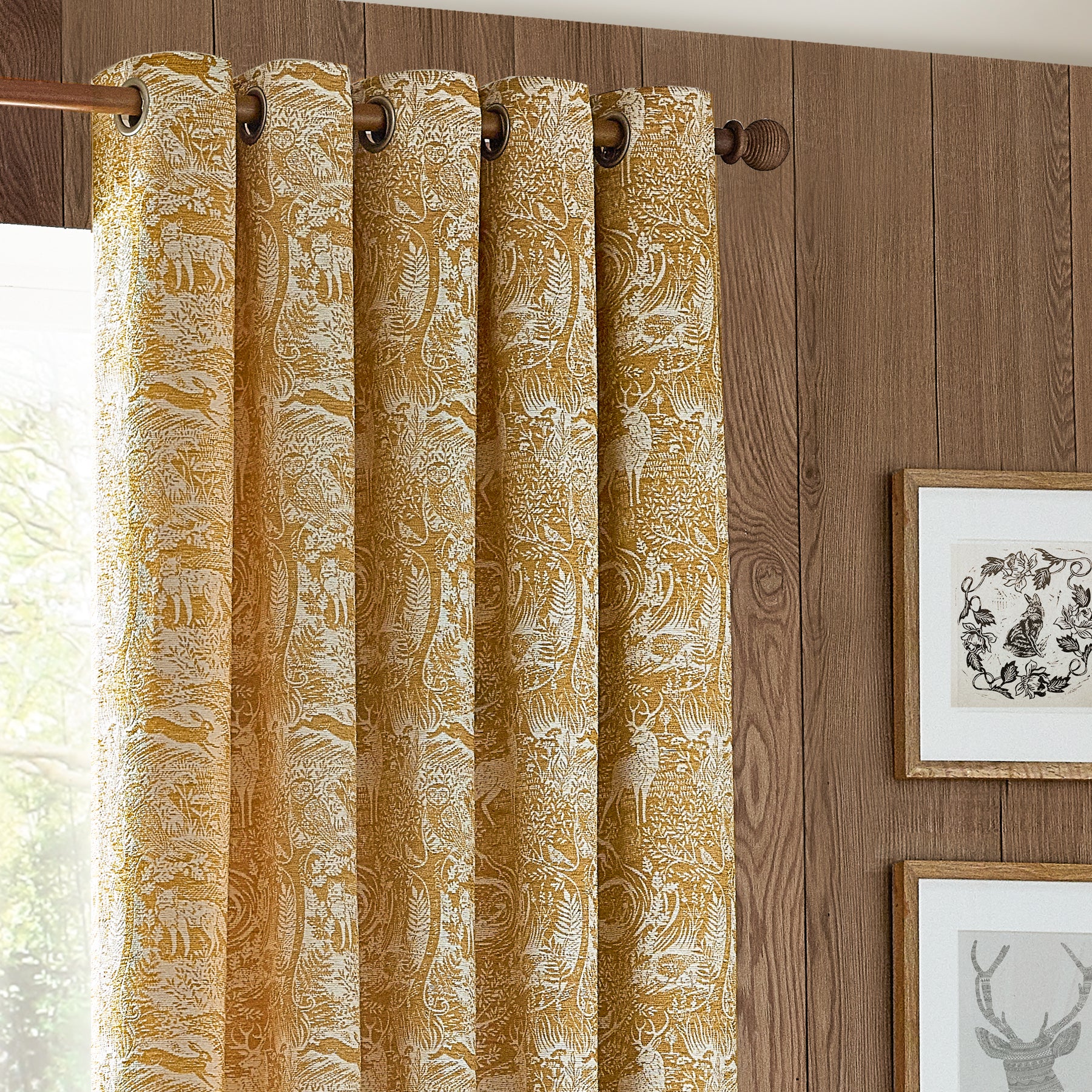 Ochre Winter Woods Chenille Ready Made Eyelet Curtains | Terrys