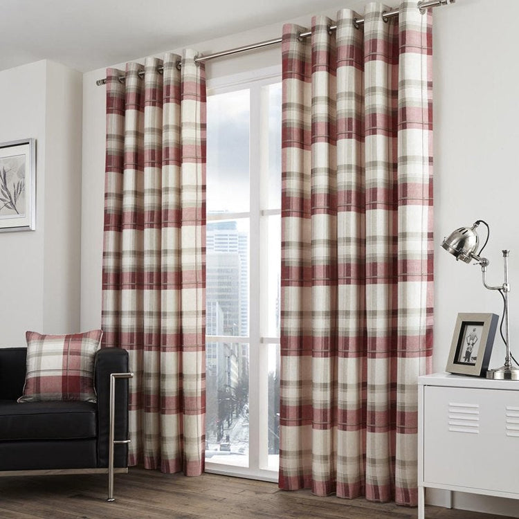 Fusion Ruby Balmoral Check Lined Ready Made Eyelet Curtains | Terrys