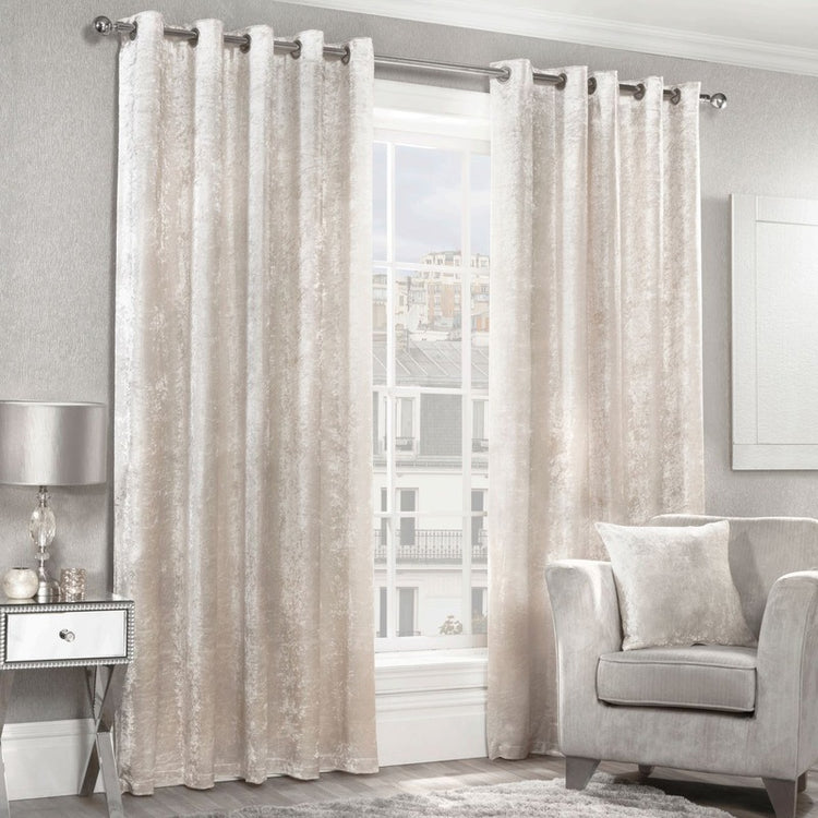 Cream Crushed Velvet Ready Made Eyelet Curtains | Terrys