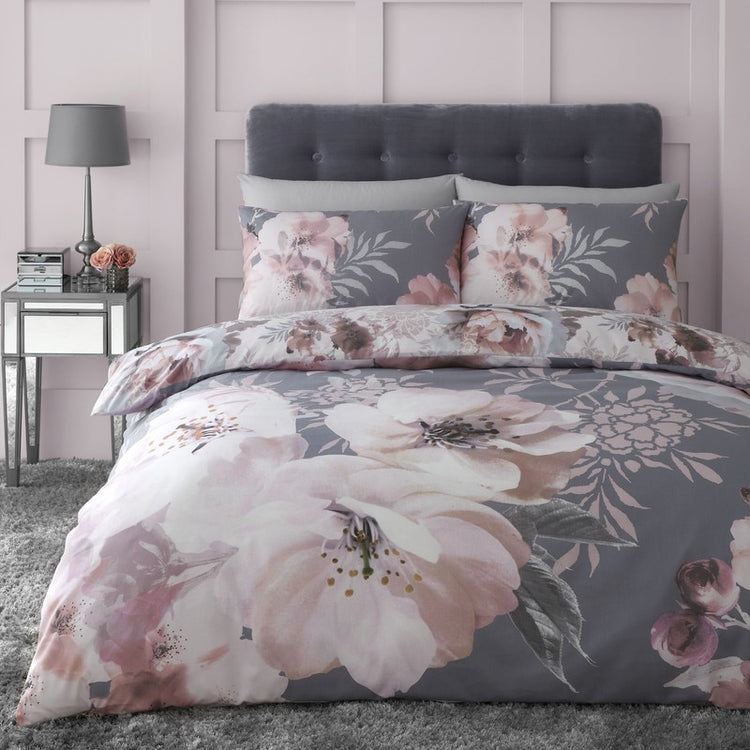 Grey Catherine Lansfield Dramatic Floral Duvet Cover Bedding Set | Terrys